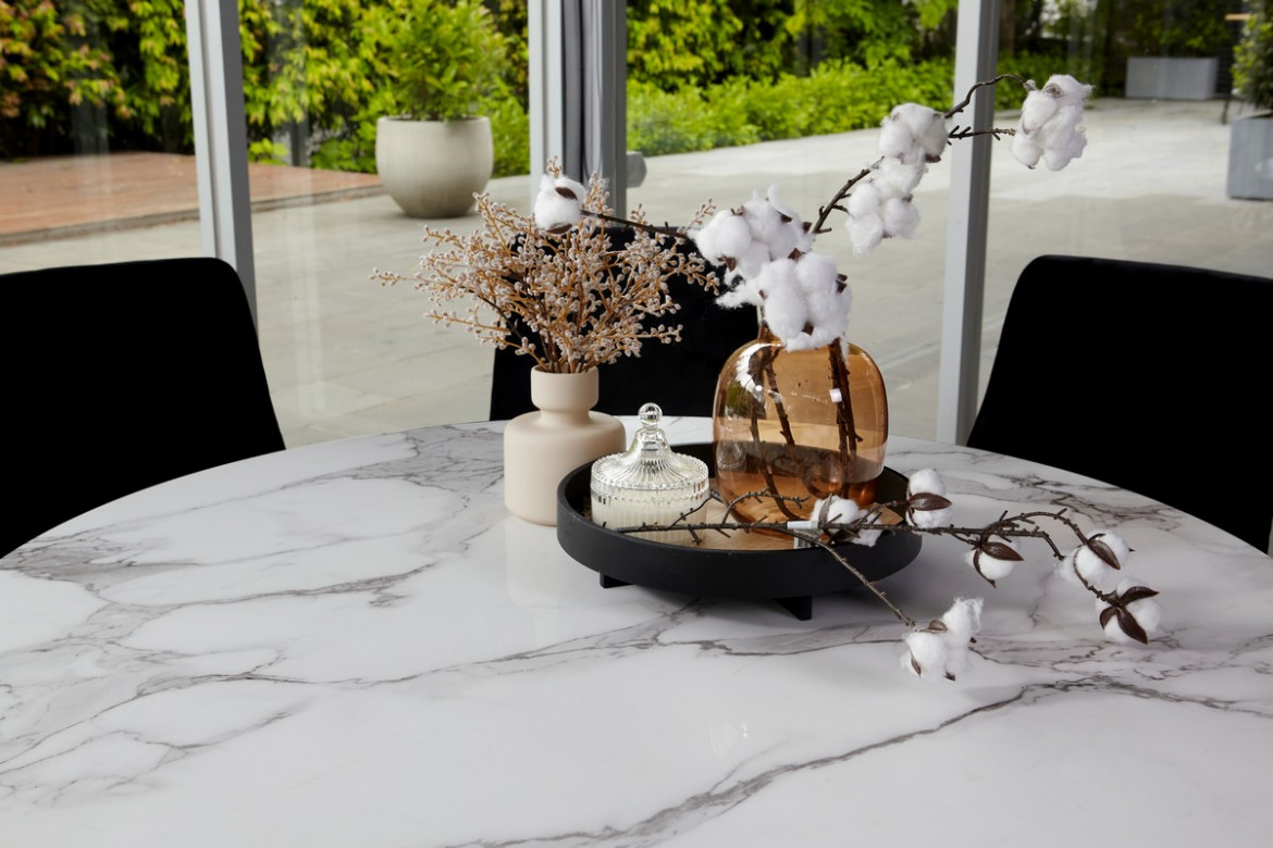 Lilly Dining Table Marble Effect White Sevella Black Coloumn buy in ...